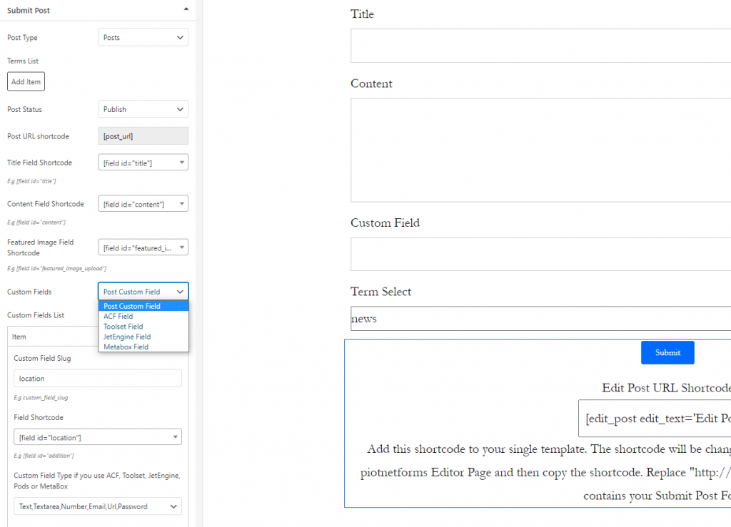 Front-end Post Submission, Editing - Piotnet Forms