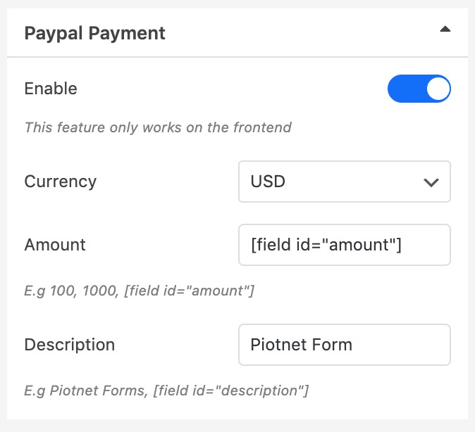 Paypal Payment - Piotnet Forms